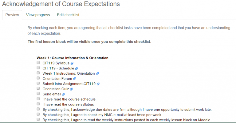Moodle Completion and Checklists | NMC's Center for Teaching and Learning